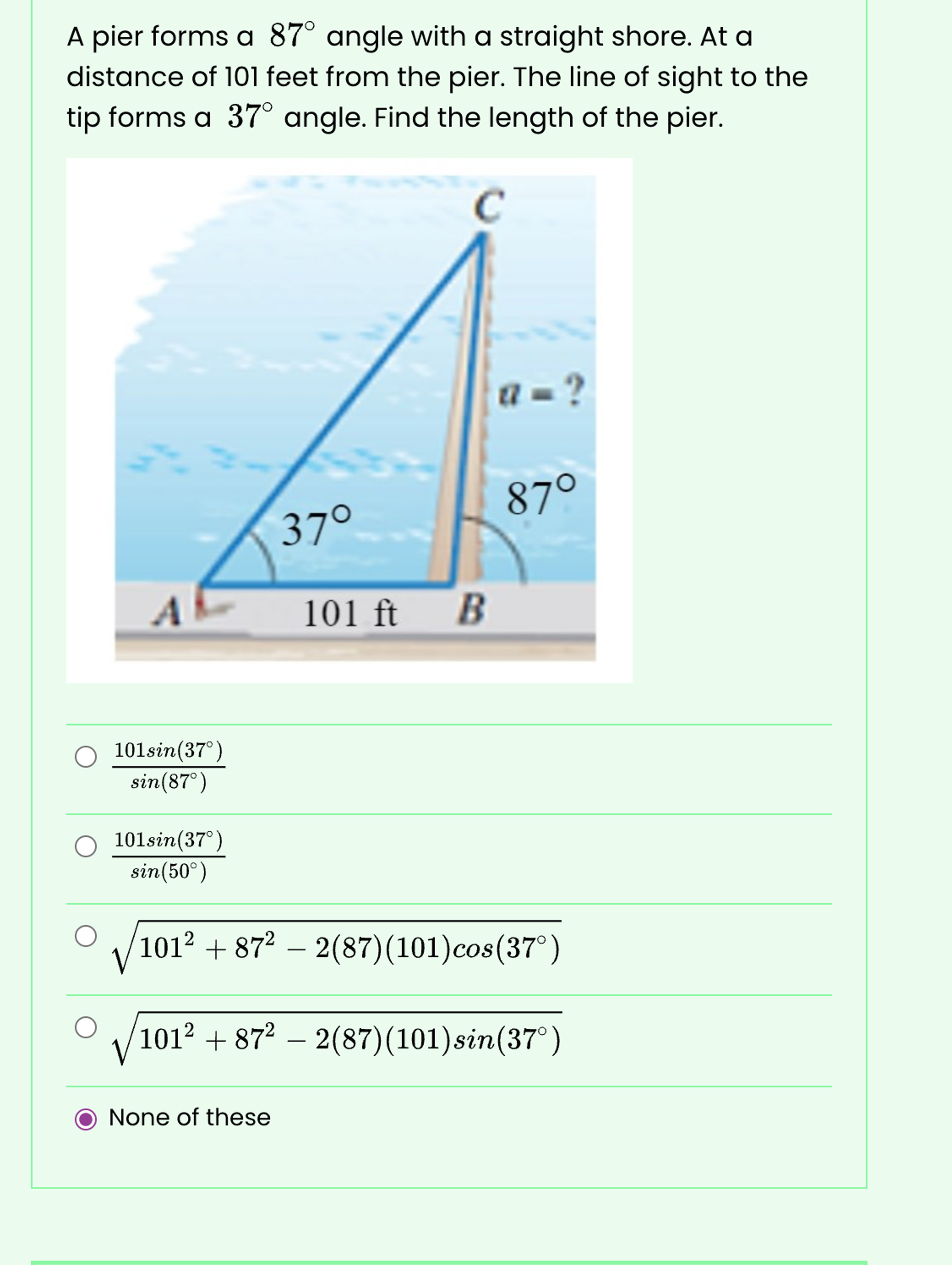 Solved A pier forms a 87° ﻿angle with a straight shore. At | Chegg.com