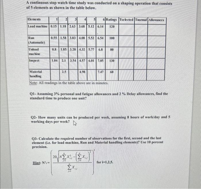 Solved A continuous stop watch time study was conducted on a | Chegg.com