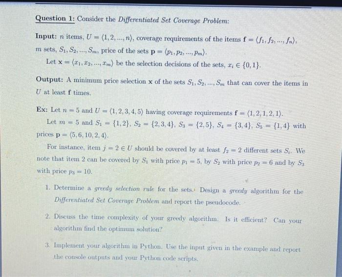 Solved Question 1: Consider the Differentiated Set Coverage | Chegg.com