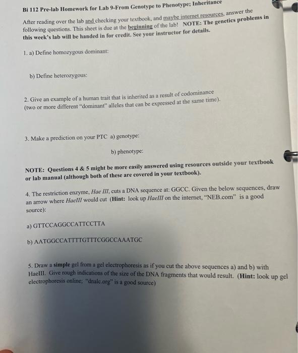Bi 112 Pre-lab Homework for Lab 9-From Genotype to | Chegg.com