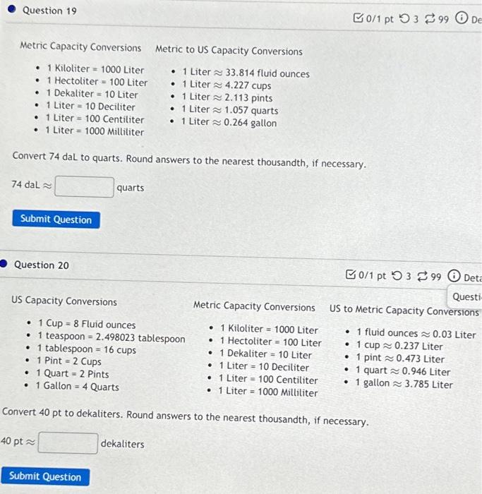 Solved Metric Capacity Conversions Metric to US Capacity | Chegg.com