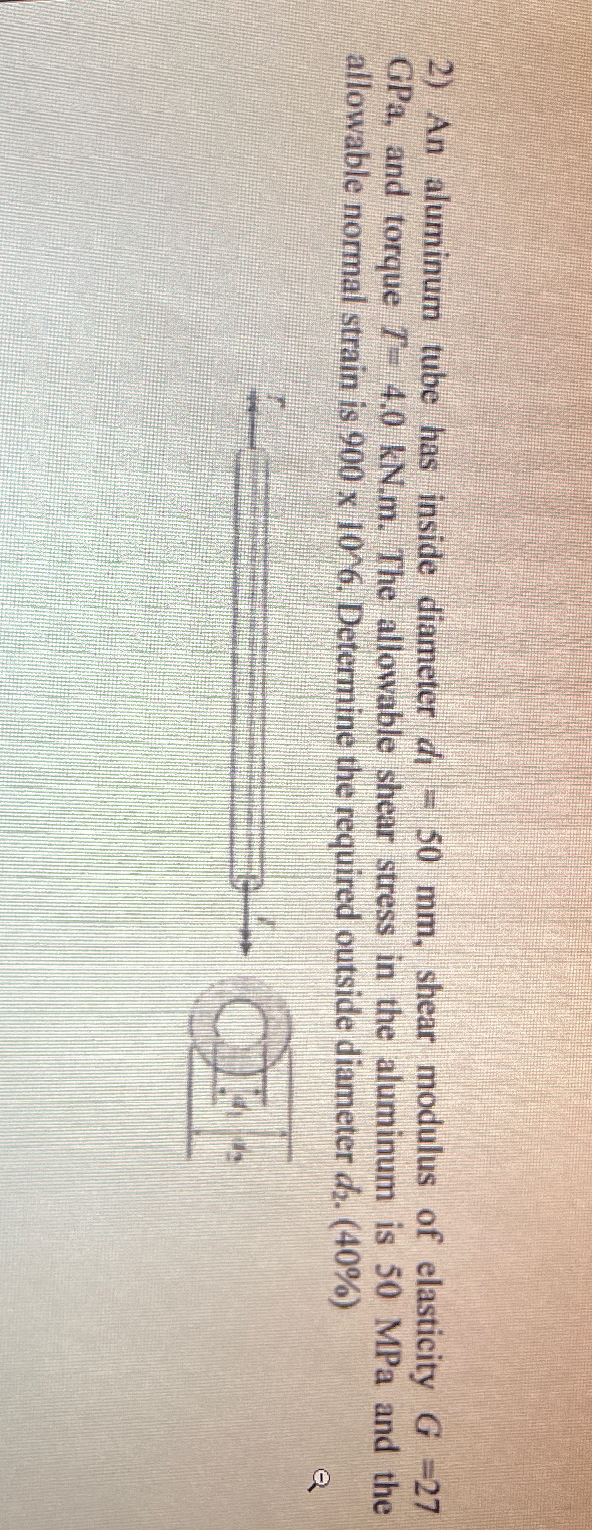 Solved An aluminum tube has inside diameter d1=50mm, ﻿shear | Chegg.com