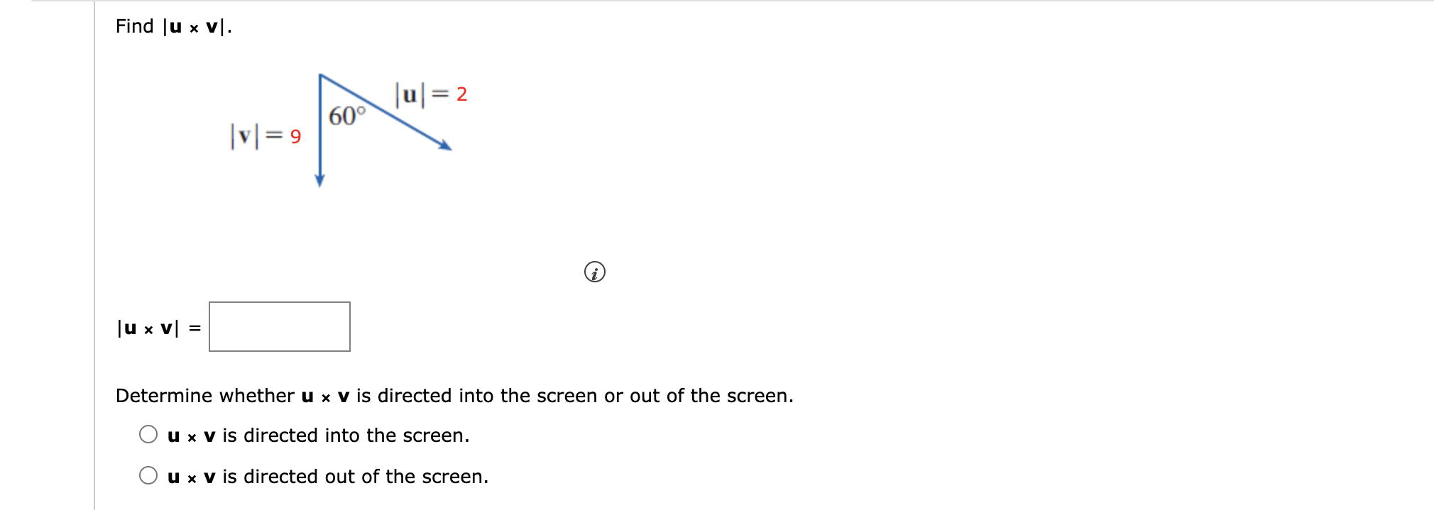 Solved Find |u×v|.|v||u×v|=Determine whether u×v ﻿is | Chegg.com