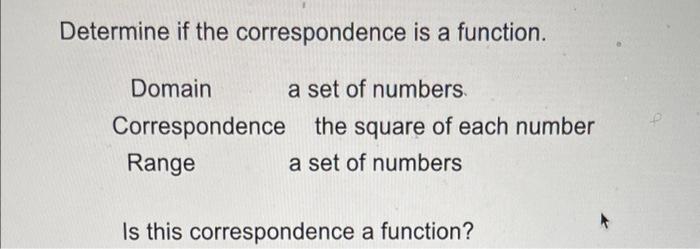 Solved Determine if the correspondence is a function. Domain | Chegg.com