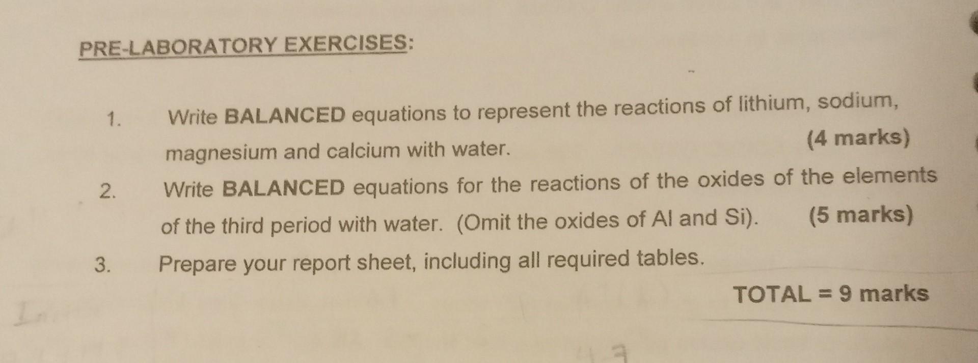 PRE-LABORATORY EXERCISES: 1. Write BALANCED equations | Chegg.com