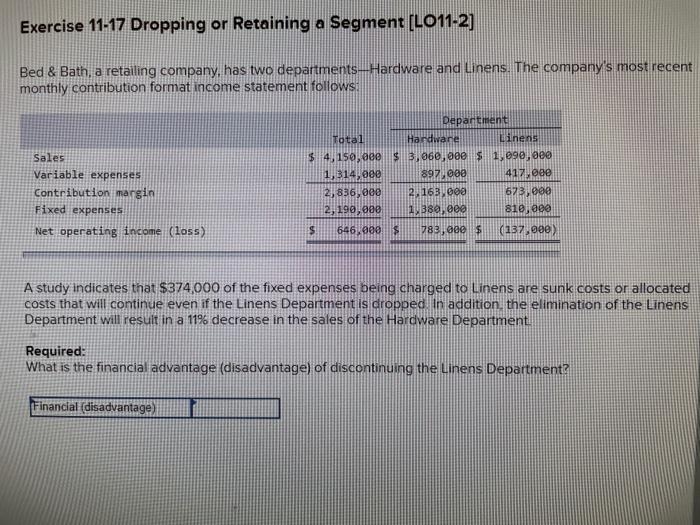 Solved Exercise 11-17 Dropping or Retaining a Segment | Chegg.com