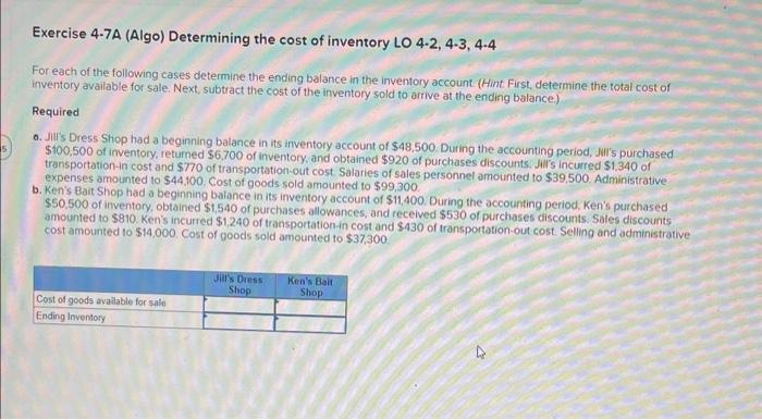 Solved Exercise 4.7A (Algo) Determining the cost of | Chegg.com