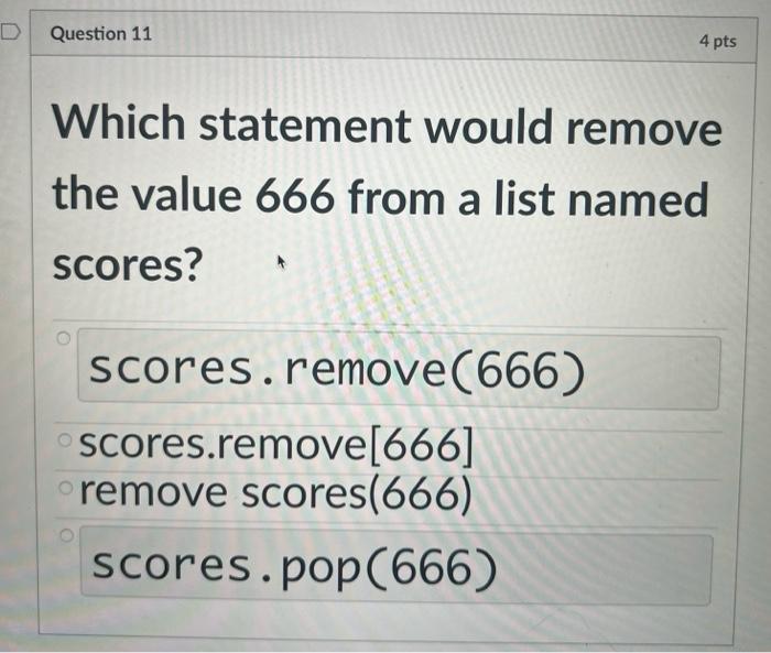 Solved Which statement would remove the value 666 from a | Chegg.com