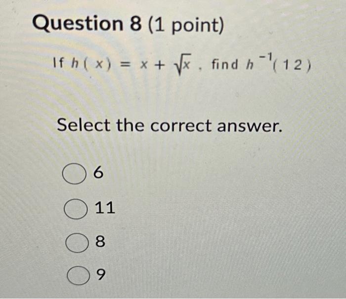 Solved Question 8 (1 point) If h(x) = x + √x. find h(12) | Chegg.com
