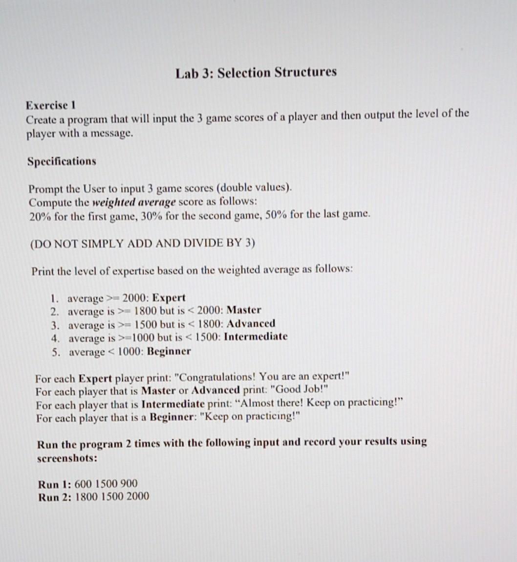 Solved Lab 3: Selection Structures Exercise 1 Create a | Chegg.com