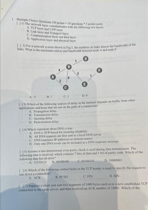 Solved 1. Multiple Choice Questions ( 30 points =10 | Chegg.com