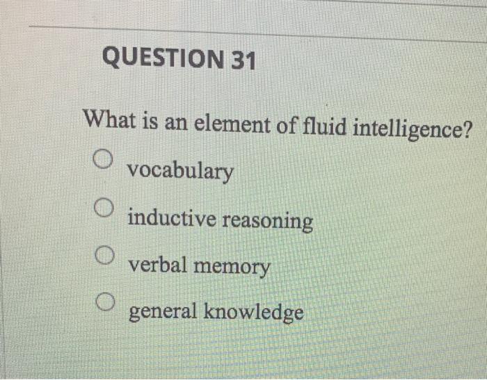 Solved QUESTION 31 What is an element of fluid intelligence? | Chegg.com