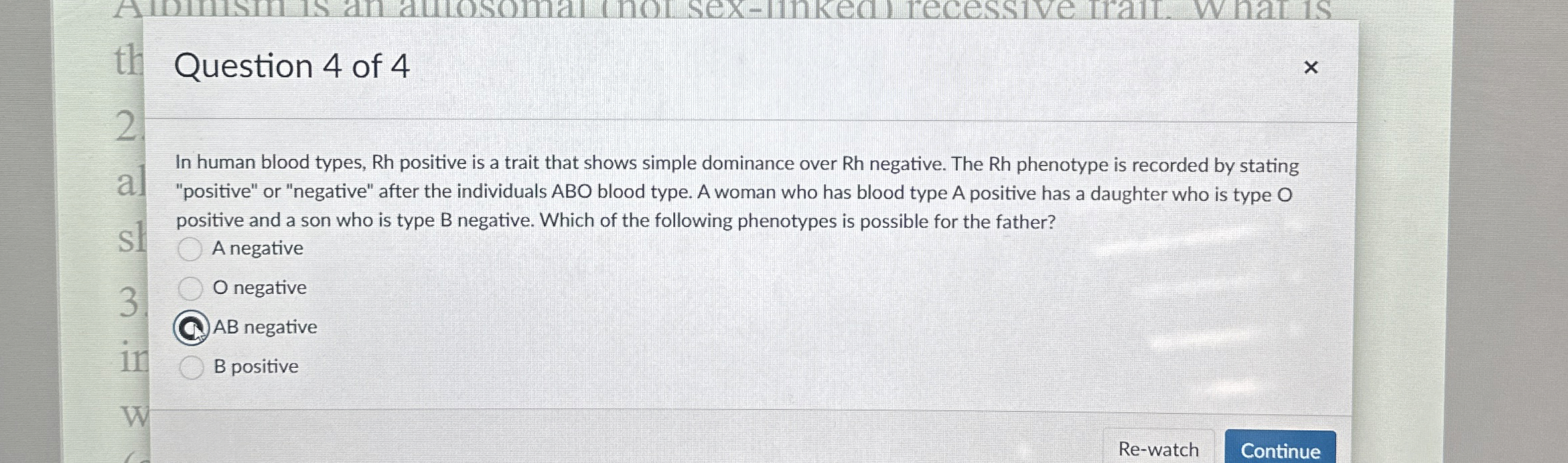 Solved Question 4 ﻿of 4In human blood types, Rh positive is | Chegg.com