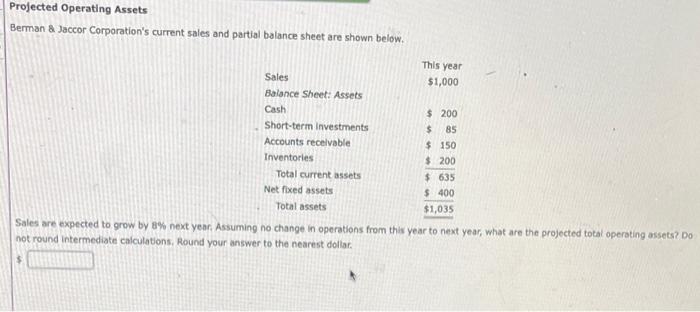 Solved Projected Operating Assets Berman \& Jaccor | Chegg.com