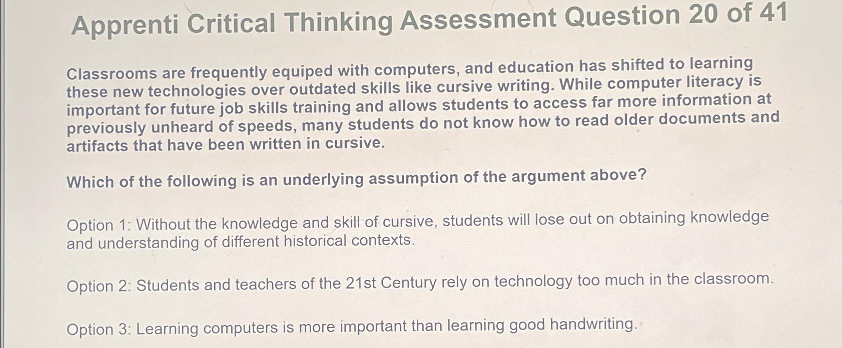 Solved Apprenti Critical Thinking Assessment Question 20 ﻿of | Chegg.com