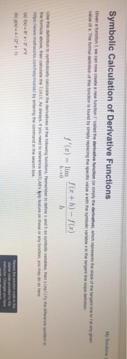 Solved Symbolic Calculation of Derivative Functions My | Chegg.com