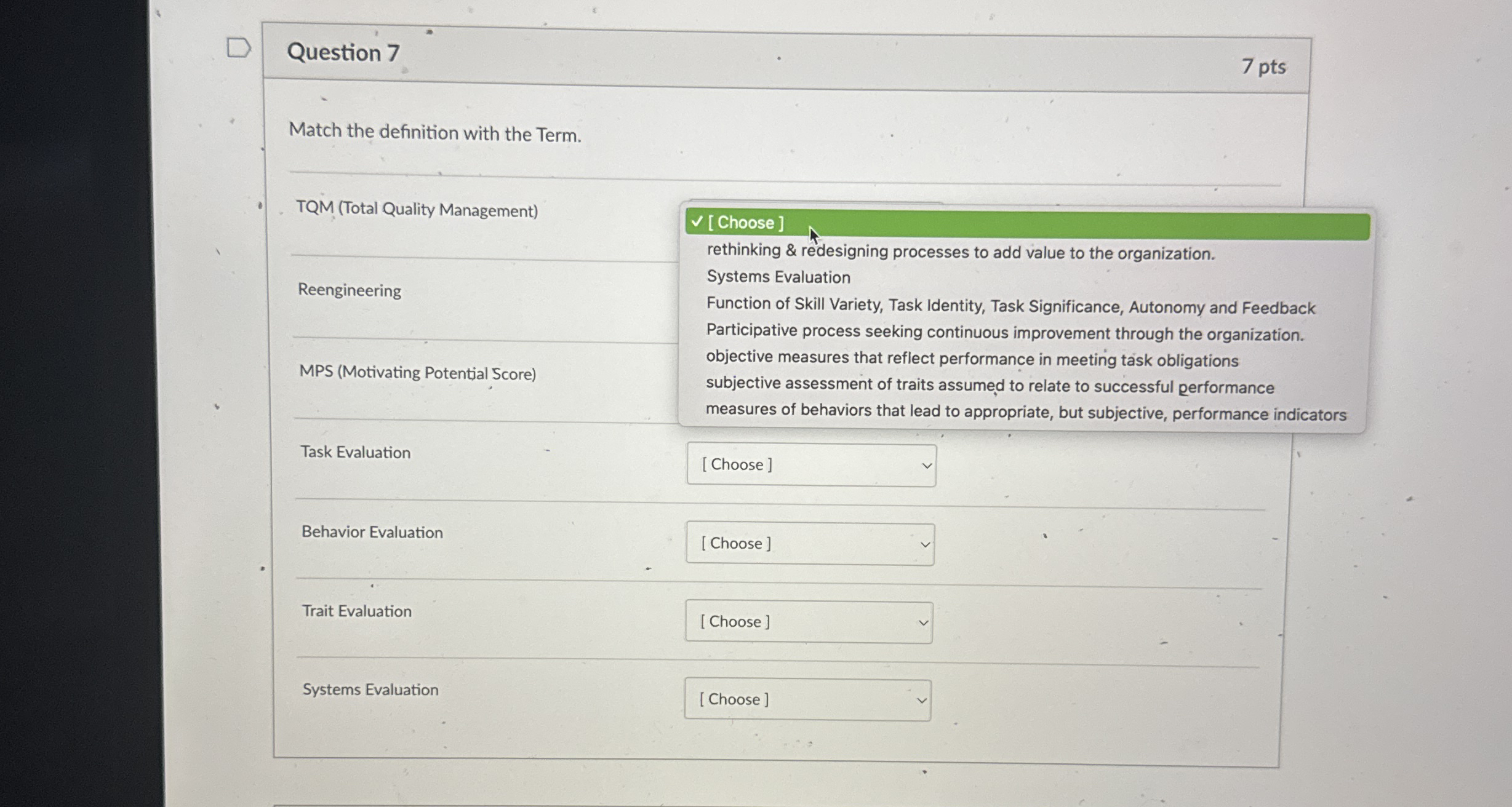 Solved Question 7Match the definition with the Term.TQM | Chegg.com