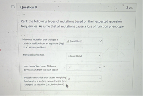 Solved Question 83 ﻿ptsRank the following types of mutations | Chegg.com
