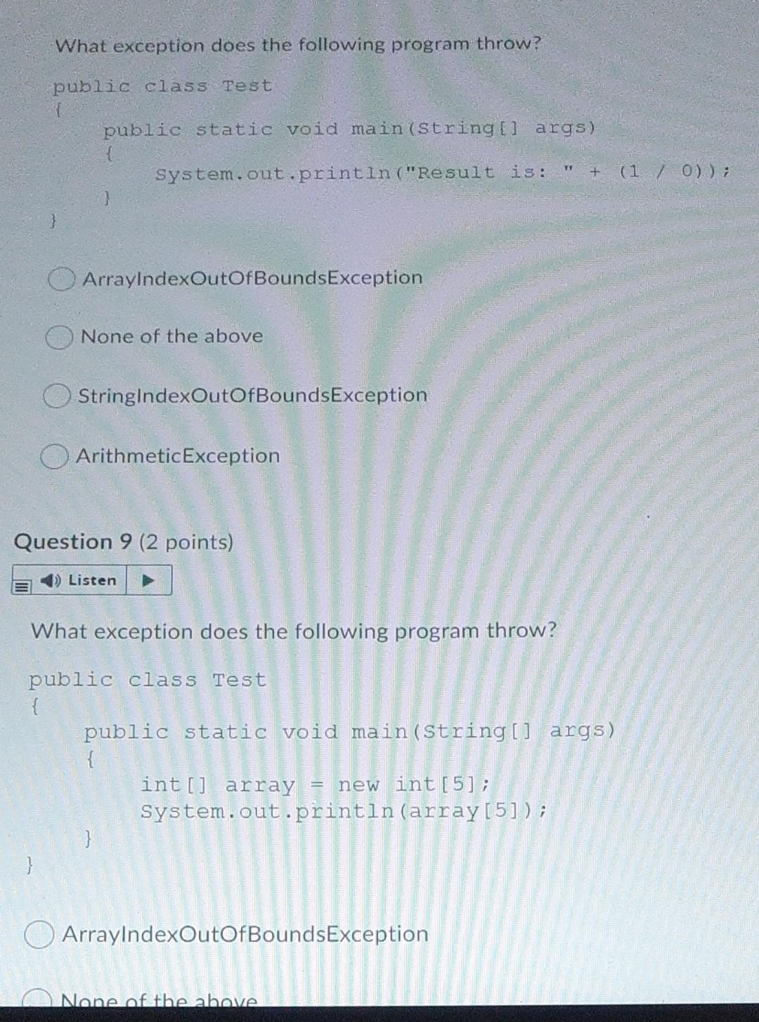 Solved What exception does the following program throw? | Chegg.com