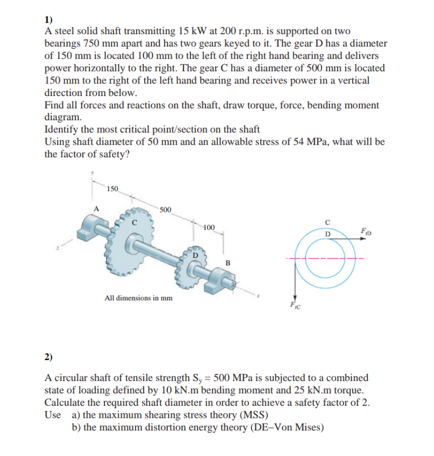 Solved 1) A steel solid shaft transmitting 15 kW at 200 | Chegg.com