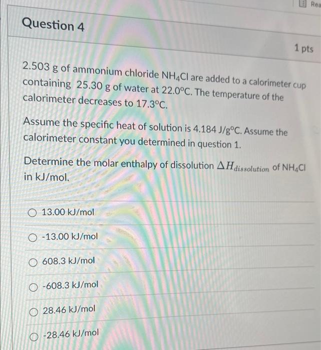Solved 2.503 g of ammonium chloride NH4Cl are added to a | Chegg.com