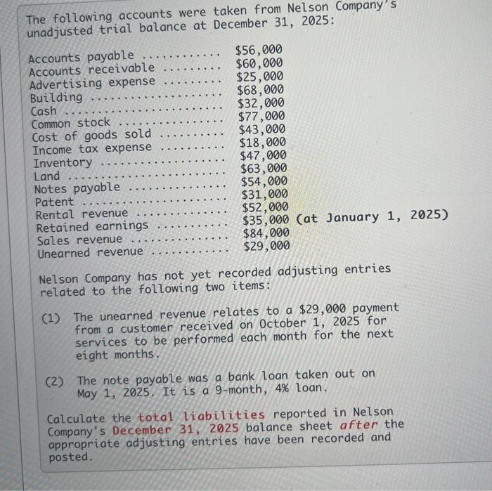 Solved Calculate the total liabilities reported in Nelson | Chegg.com