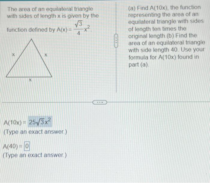 Solved The area of an equilateral triangle with sides of | Chegg.com