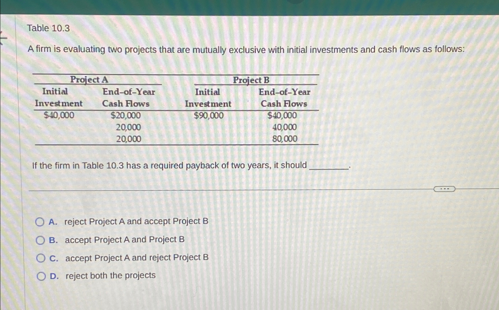Solved Table 10.3A firm is evaluating two projects that are | Chegg.com