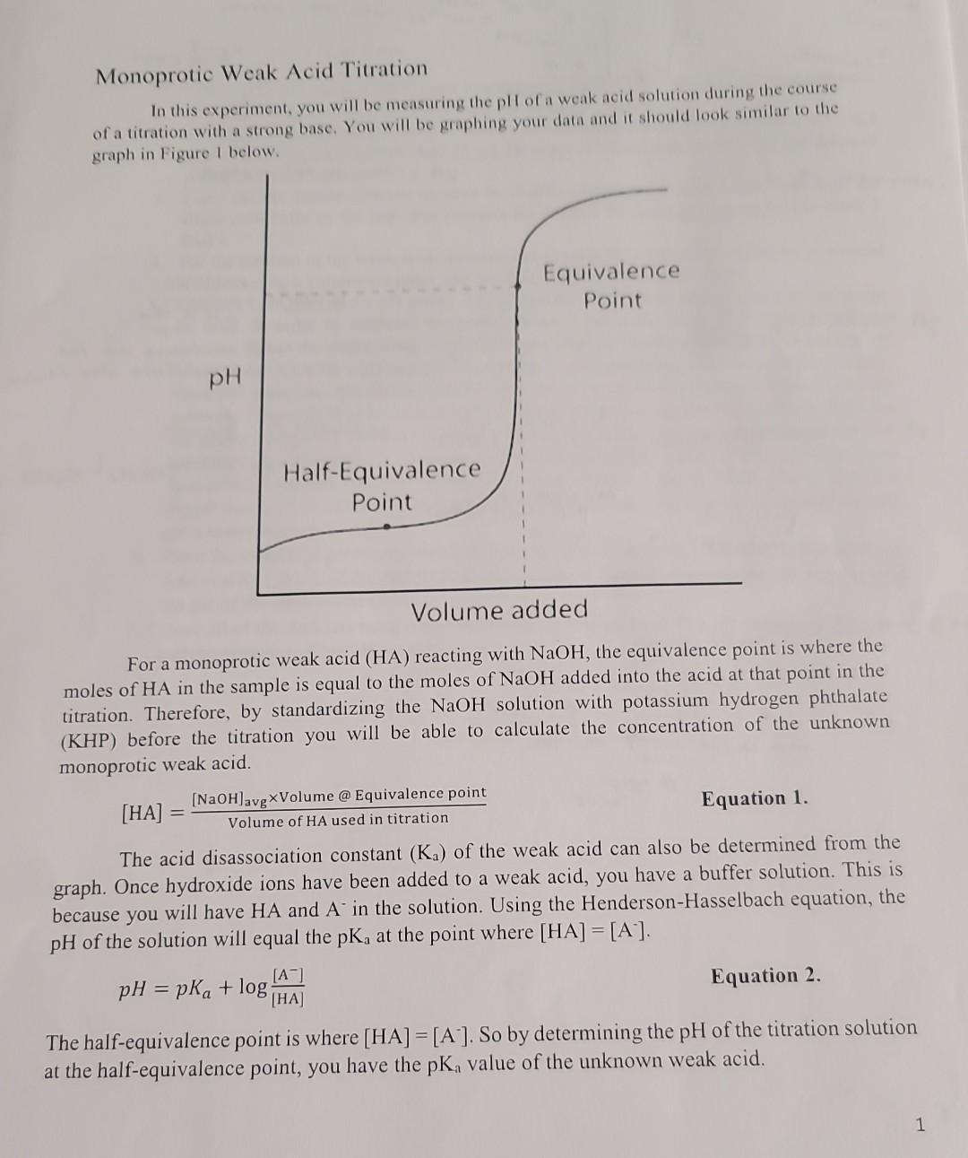Solved Monoprotic Weak Acid Titration In this experiment, | Chegg.com