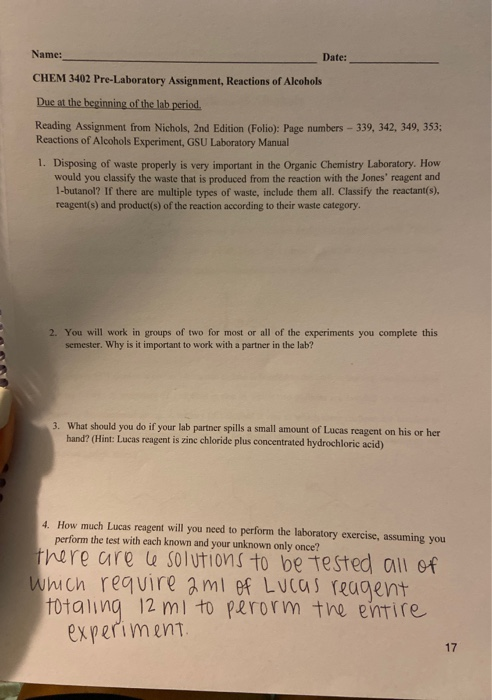 Solved Name: Date: CHEM 3402 Pre-Laboratory Assignment, | Chegg.com