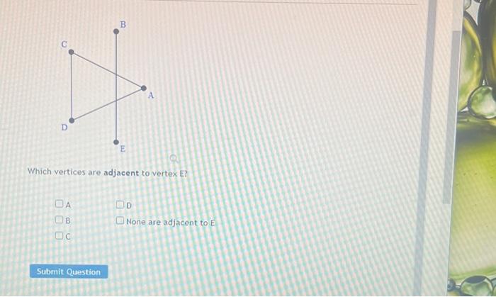 Solved Which vertices are adjacent to vertex E? A D B None | Chegg.com