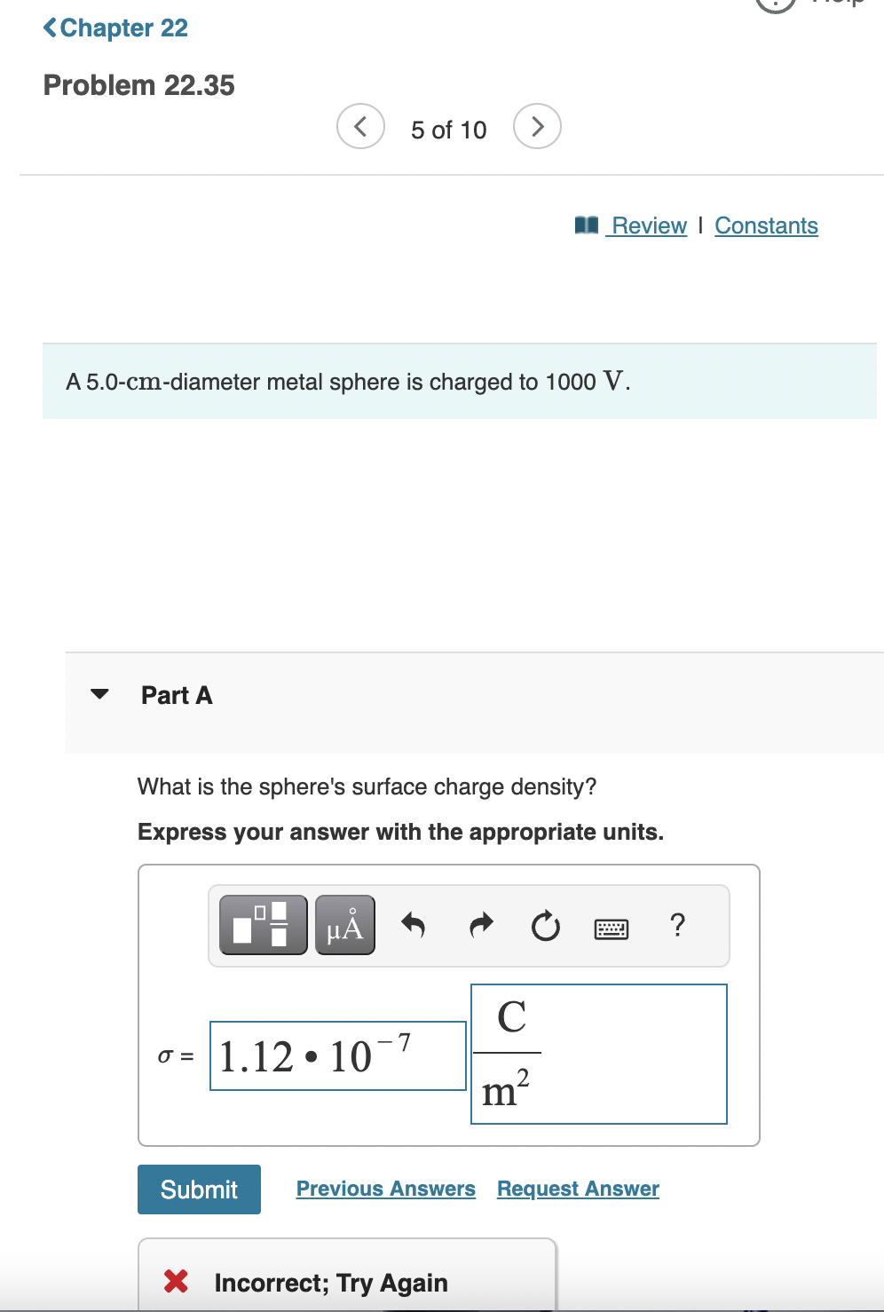Solved Problem 22.355 ﻿of 10A 5.0-cm-diameter metal sphere | Chegg.com