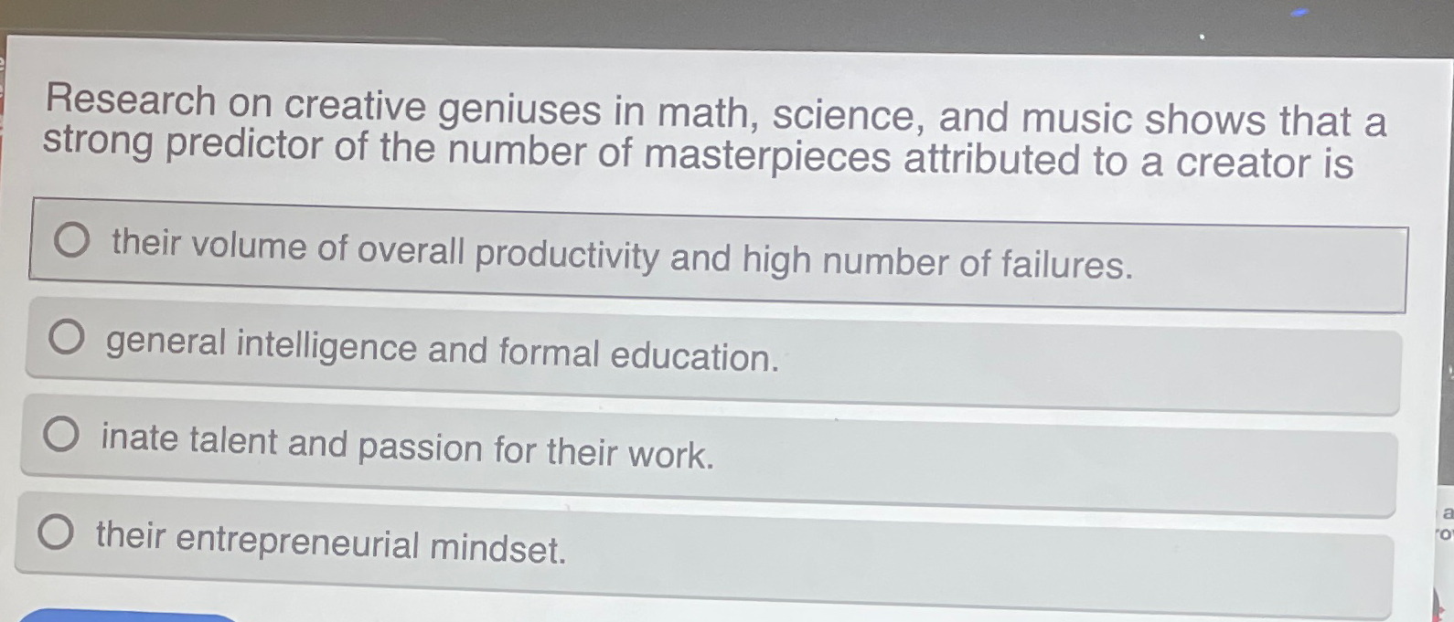 Solved Research on creative geniuses in math, science, and | Chegg.com