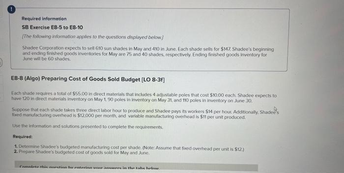 Solved Required information SB Exercise E8-5 to E8-10 [The | Chegg.com