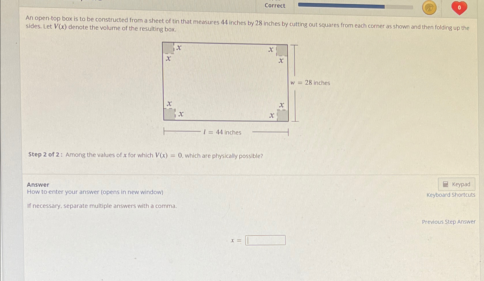 Solved CorrectAn open-top box is to be constructed from a | Chegg.com