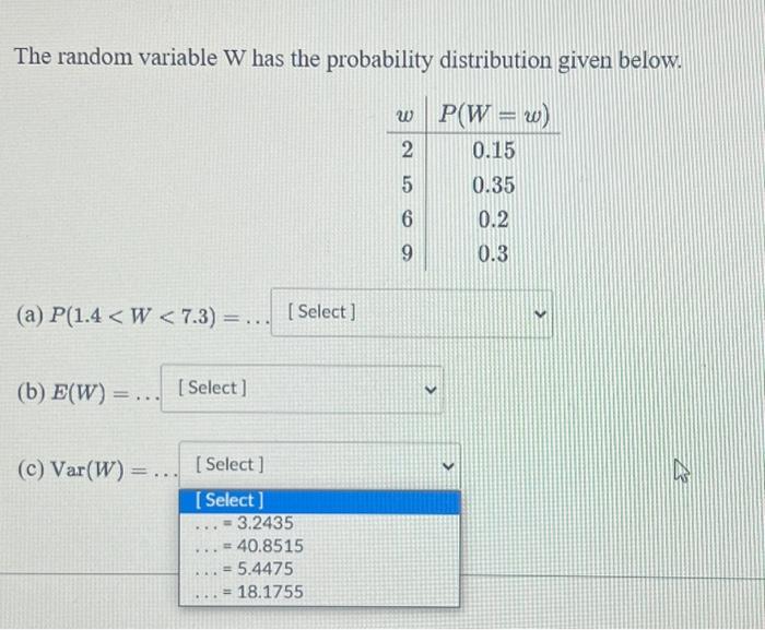 Solved The random variable W has the probability | Chegg.com