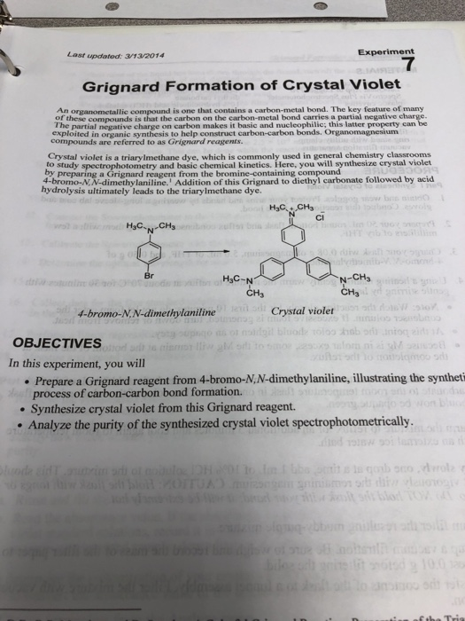 Solved Grignard Formation of Crystal Violet Pre Lab Exercise | Chegg.com
