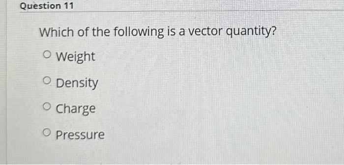 Solved Which of the following is a vector quantity? Weight | Chegg.com
