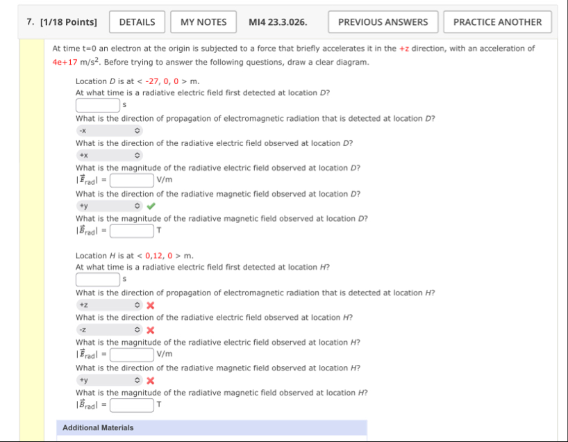 Solved [1/18 ﻿Points]MI4 23.3.026.At time t=0 ﻿an electron | Chegg.com
