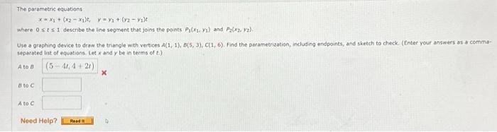 Solved The parametric equations x=x1+(x2−x1)t1,y=y3+(y2−y1)c | Chegg.com