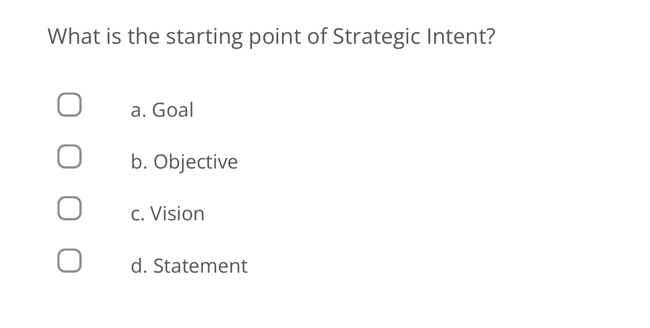 Solved What is the starting point of Strategic Intent?a. | Chegg.com