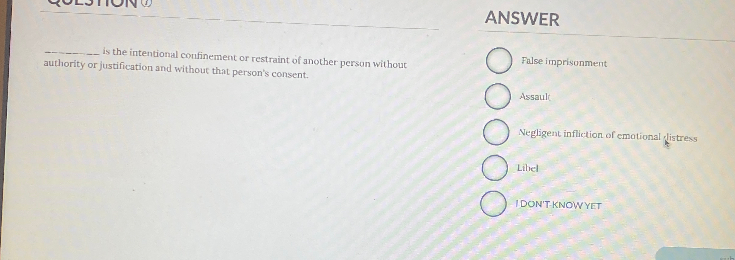 Solved ANSWERq, ﻿is the intentional confinement or restraint | Chegg.com