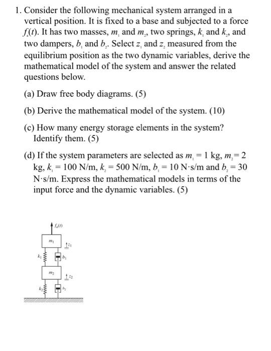 Solved 1. Consider the following mechanical system arranged | Chegg.com