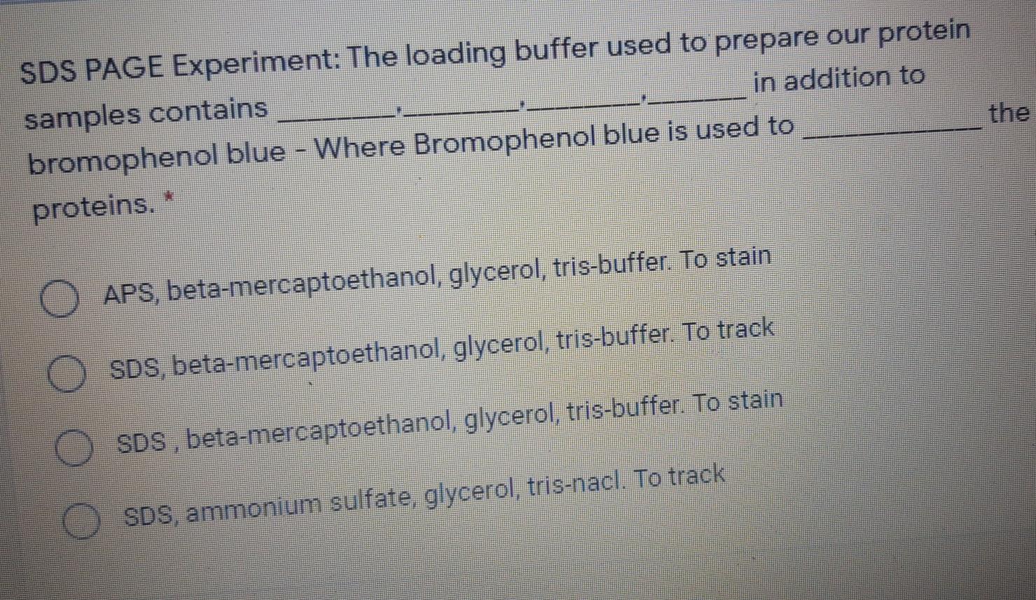 Solved the SDS PAGE Experiment: The loading buffer used to | Chegg.com