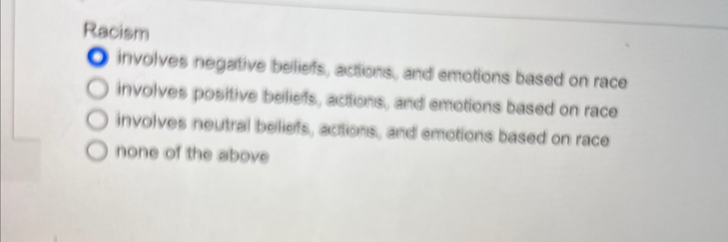 Solved Racism ﻿involves negative beliefs, actions, and | Chegg.com
