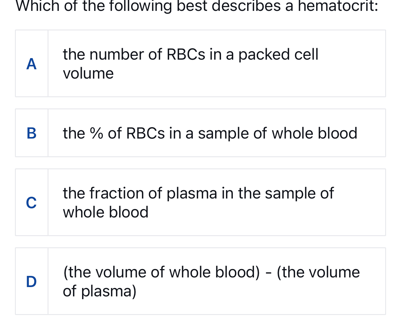 Solved Which of the following best describes a hematocrit:A | Chegg.com