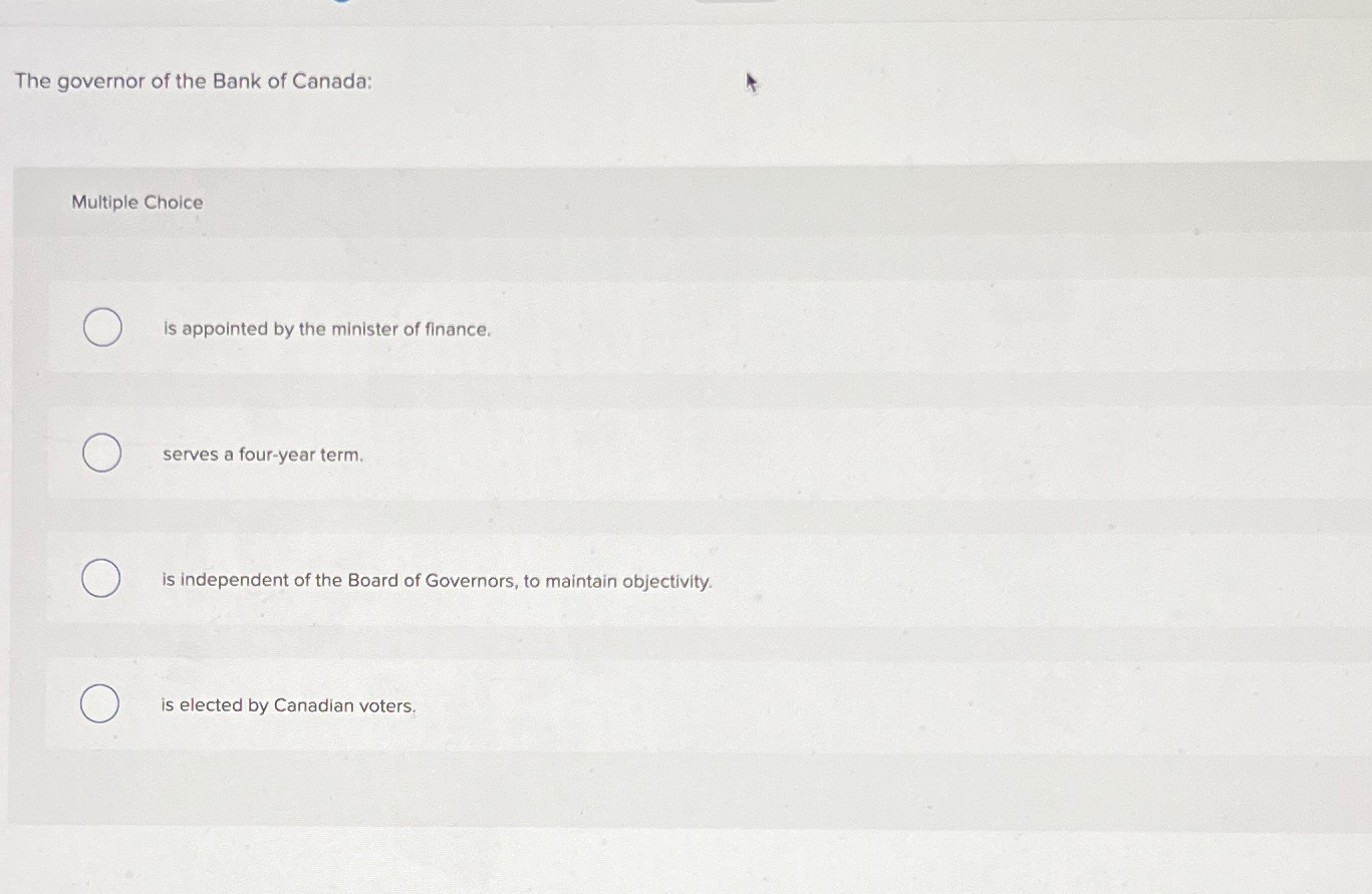 Solved The governor of the Bank of Canada:Multiple Choiceis | Chegg.com