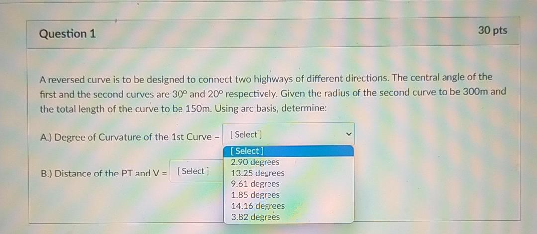 Solved Question 1 30 pts A reversed curve is to be designed | Chegg.com