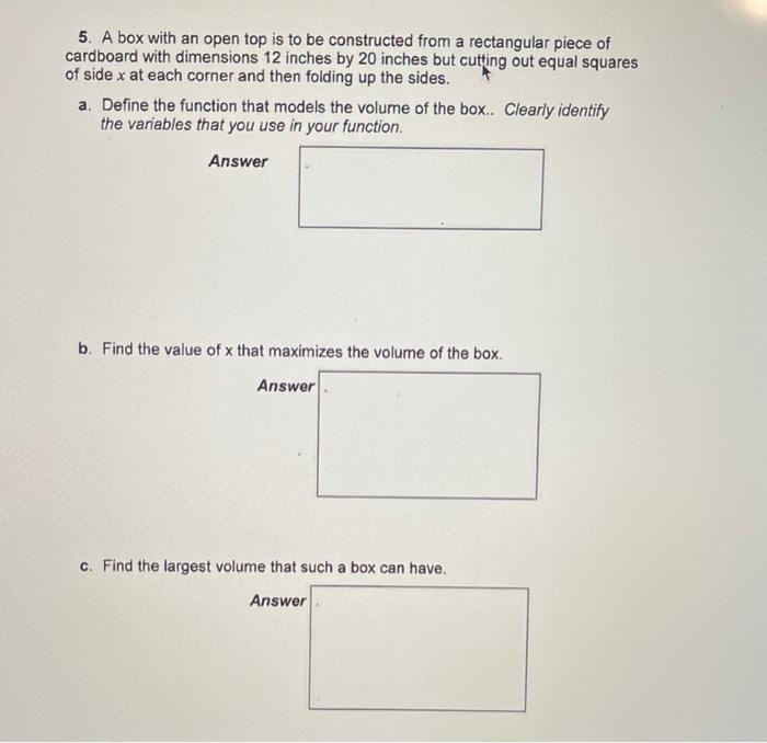 Solved 5. A box with an open top is to be constructed from a | Chegg.com
