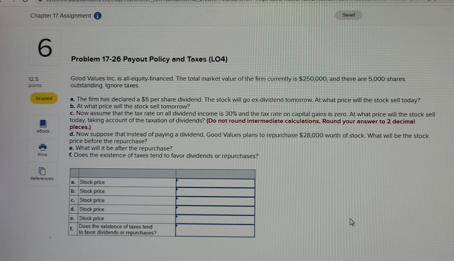Solved Chapter 17 Assignment Saved 6 Problem 17-26 Payout | Chegg.com